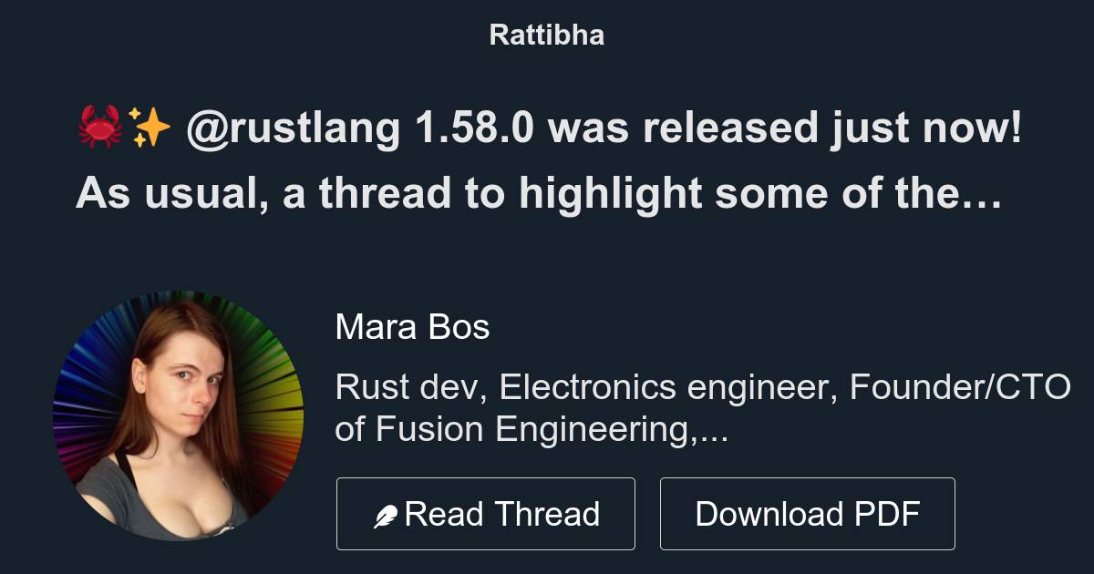 🦀 @rustlang 1.58.0 was released just now! https://t.co/jzJQOiEPIO As usual, a thread to ...