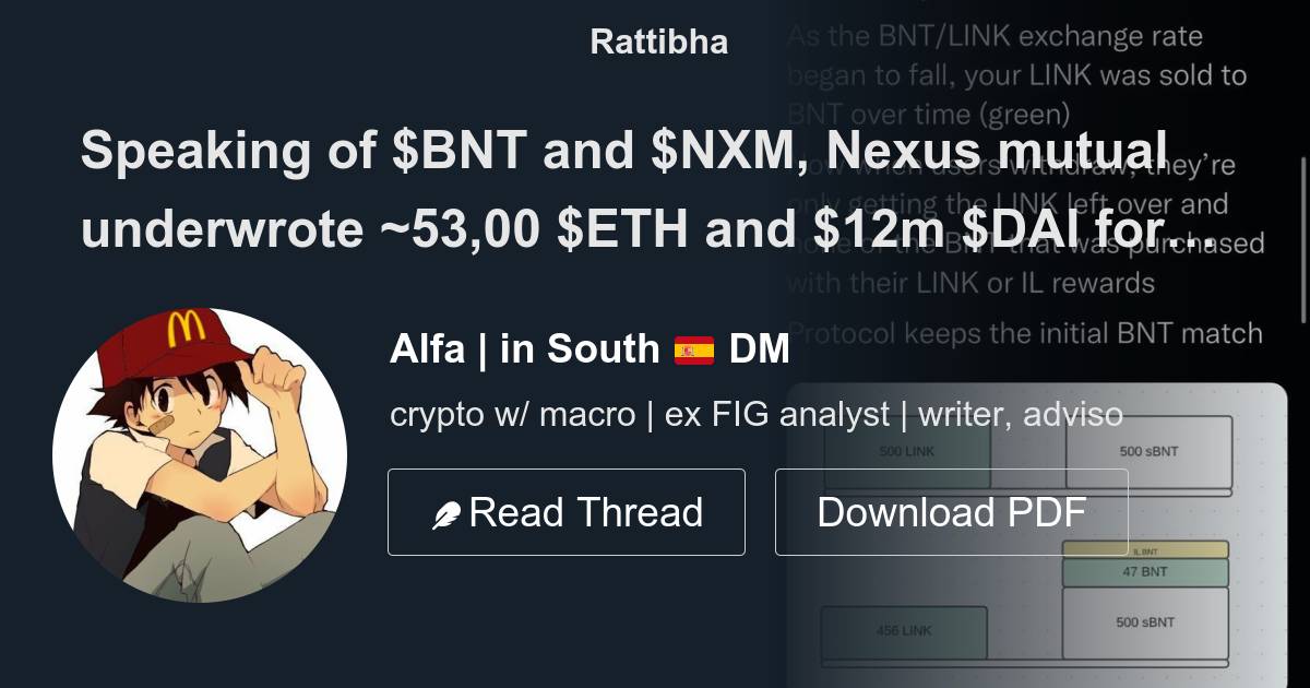 Speaking of $BNT and $NXM, Nexus mutual underwrote ~53,00 $ETH and $12m $DAI for Bancor v3 ...