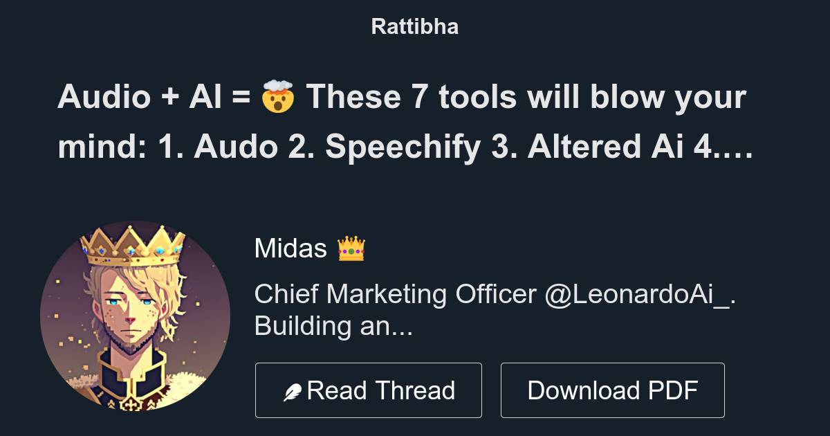 Audio + AI = 🤯 These 7 tools will blow your mind: 1. Audo 2. Speechify 3. Altered Ai 4. Papercup ...