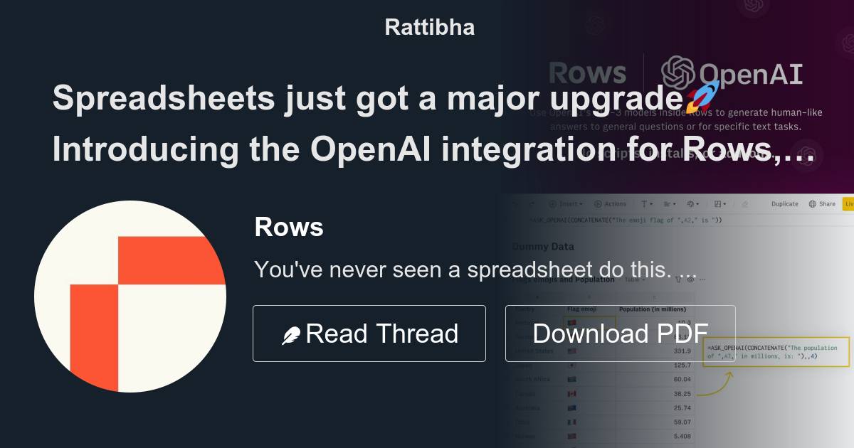 Spreadsheets just got a major upgrade🚀 Introducing the OpenAI integration for Rows, allowing you ...