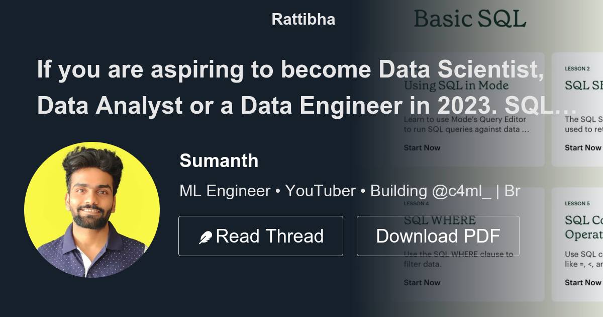 If you are aspiring to become Data Scientist, Data Analyst or a Data Engineer in 2023. SQL is ...