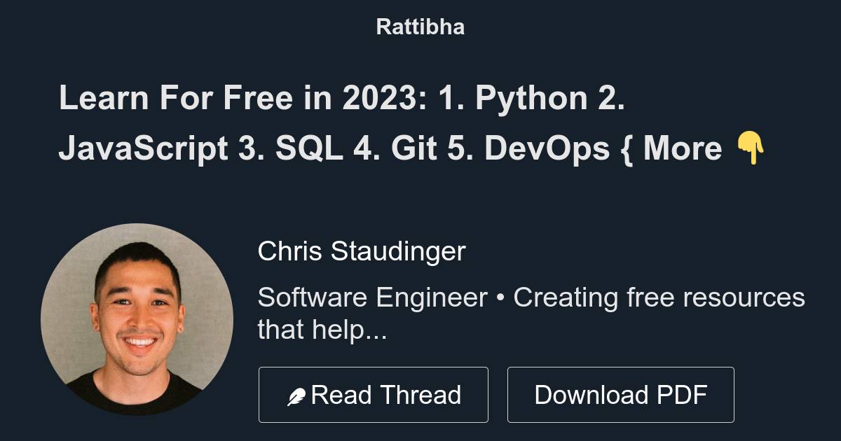 Learn For Free in 2023: 1. Python https://t.co/aehB8x0SaI 2. JavaScript https://t.co/vQS3Nzs76s ...