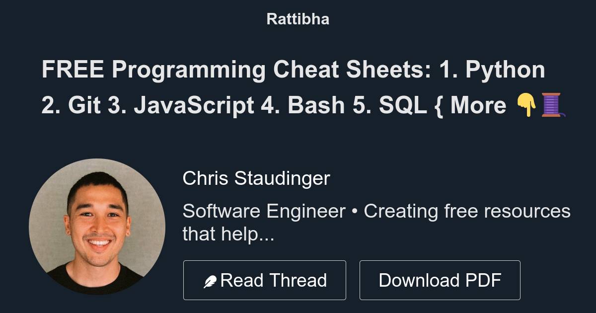 FREE Programming Cheat Sheets: 1. Python https://t.co/wKaReHtT8P 2. Git https://t.co/Os7kcRPhZQ ...