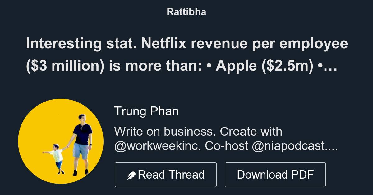 Interesting stat. Netflix revenue per employee ($3 million) is more ...