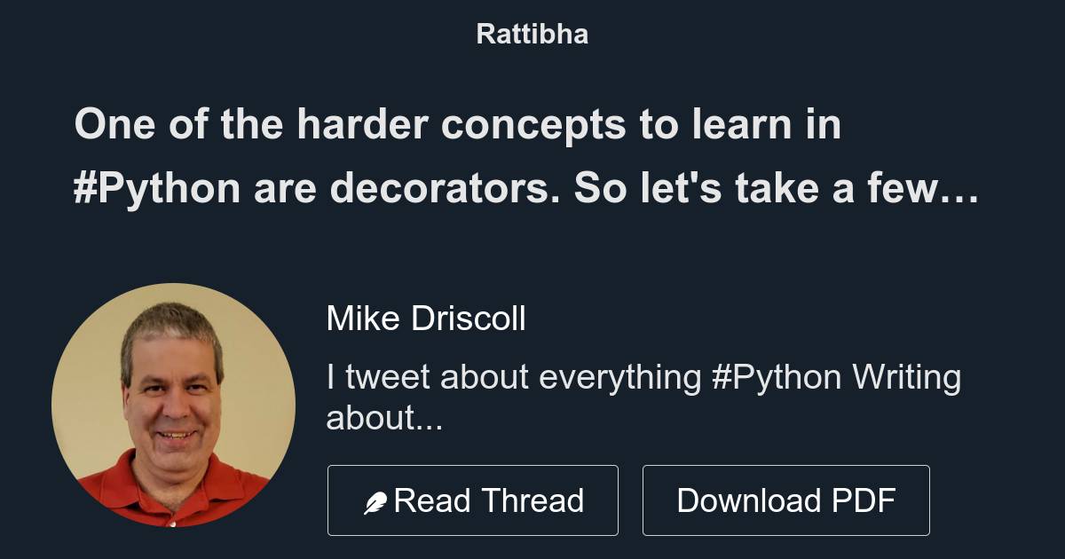 One of the harder concepts to learn in #Python are decorators. So let's take a few moments and ...