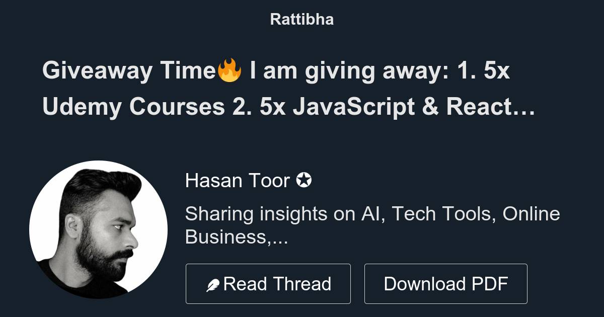 Giveaway Time🔥 I am giving away: 1. 5x Udemy Courses 2. 5x JavaScript & React Courses 3. 3x Full ...