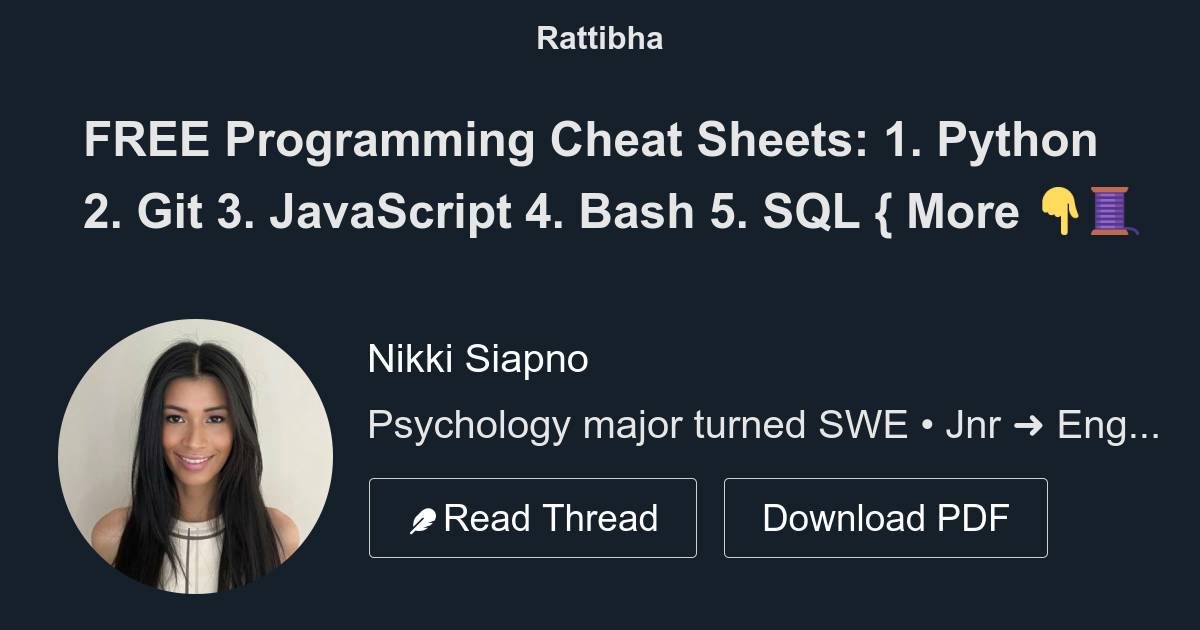 FREE Programming Cheat Sheets: 1. Python https://t.co/4GvqlDKqWA 2. Git https://t.co/Ok3WqQPuPQ ...
