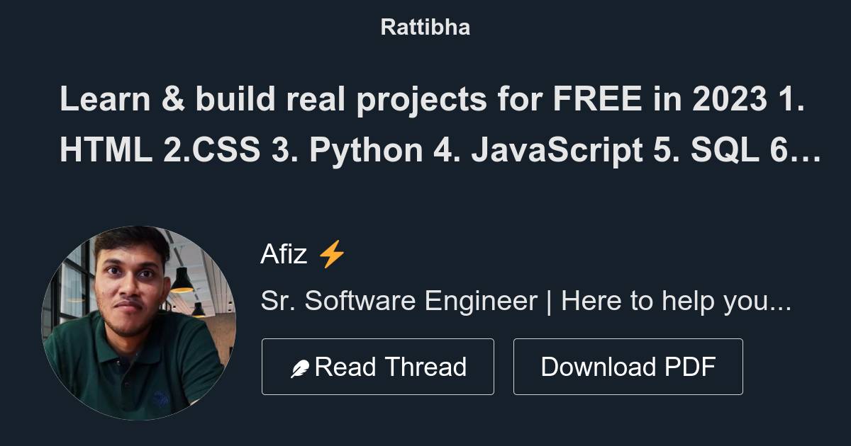 Learn & build real projects for FREE in 2023 1. HTML https://t.co/a6wE1z6O0x 2.CSS https://t.co ...