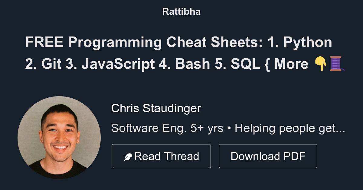 FREE Programming Cheat Sheets: 1. Python https://t.co/wKaReHtT8P 2. Git https://t.co/Os7kcRPhZQ ...
