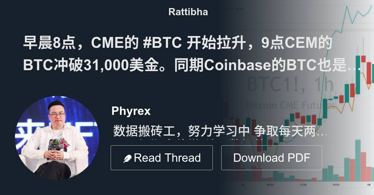 早晨8点，CME的 #BTC 开始拉升，9点CEM的BTC冲破31,000美金。同期Coinbase的BTC也是同步上升，最高冲破30,900美金。继续表明CME的BTC期货高于现货，继续代表 ...