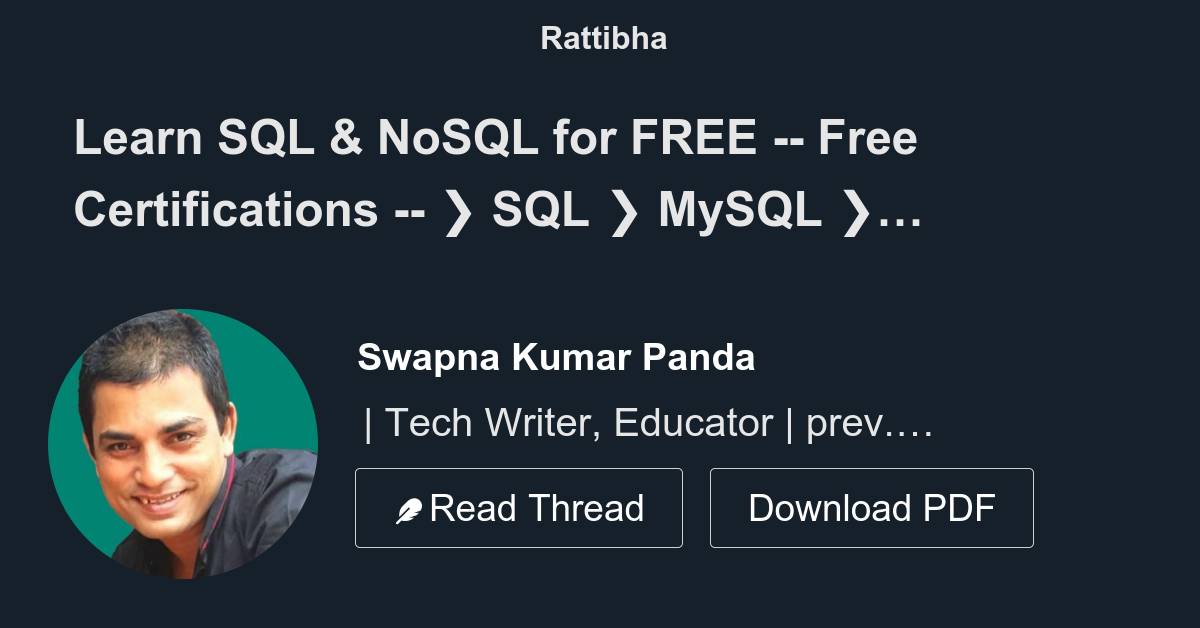 Learn SQL & NoSQL for FREE -- Free Certifications -- SQL https://t.co/Lq1peEjMxu MySQL https://t ...