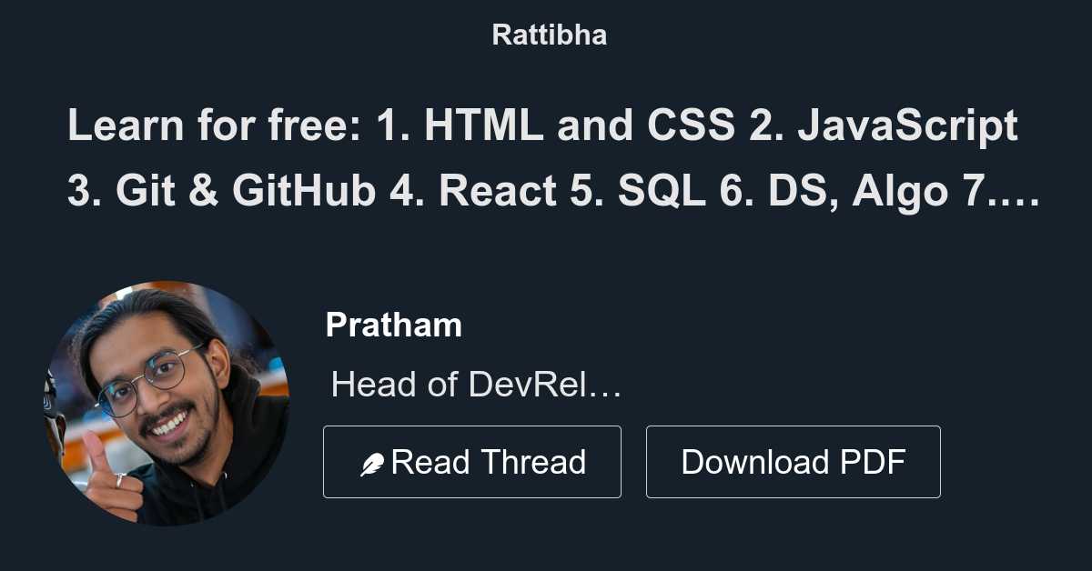 Learn for free: 1. HTML and CSS https://t.co/mQQe26pemi 2. JavaScript https://t.co/i2wwY8hr5v 3 ...