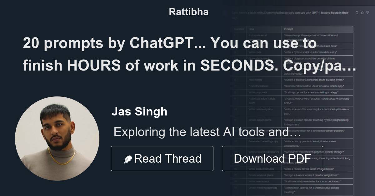 20 prompts by ChatGPT... You can use to finish HOURS of work in SECONDS ...