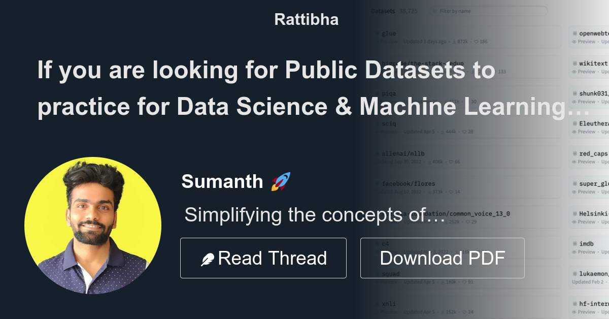 If you are looking for Public Datasets to practice for Data Science & Machine Learning. Here are ...