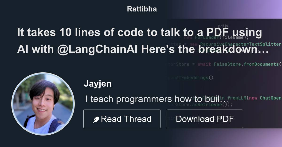 It takes 10 lines of code to talk to a PDF using AI with @LangChainAI Here's the breakdown ...