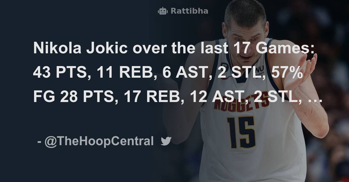 Nikola Jokic over the last 17 Games: 43 PTS, 11 REB, 6 AST, 2 STL, 57% FG 28 PTS, 17 REB, 12 AST ...