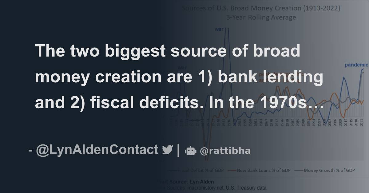 The two biggest source of broad money creation are 1) bank lending and 2) fiscal deficits. In ...