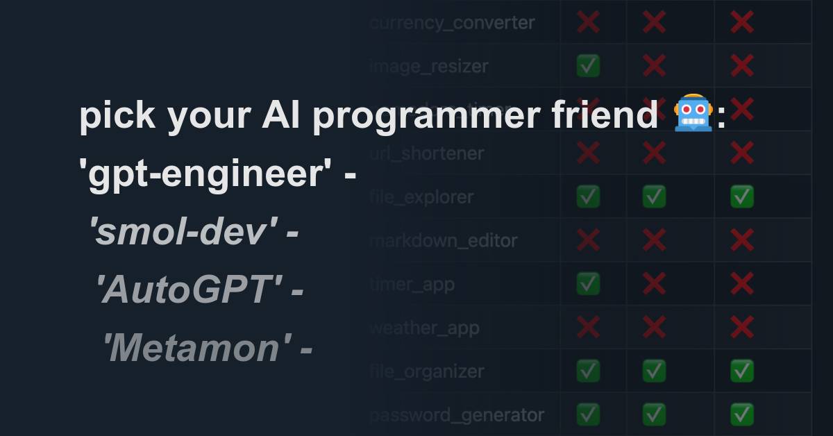 pick your AI programmer friend 🤖: 'gpt-engineer' - @antonosika 'smol-dev' - @swyx 'AutoGPT ...