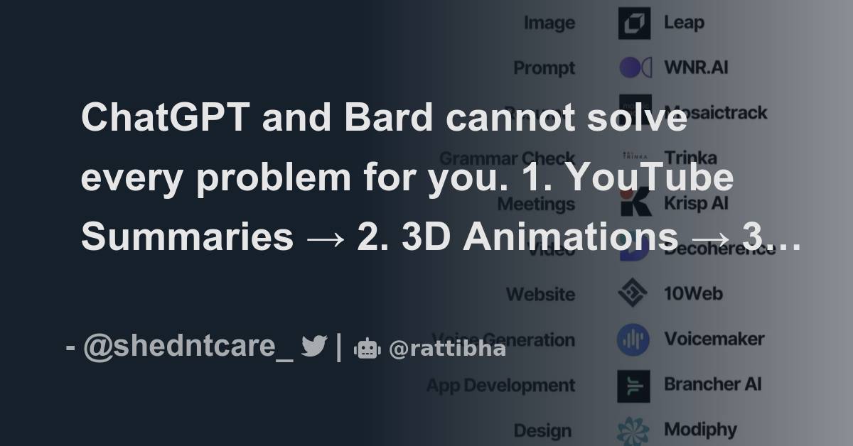 ChatGPT and Bard cannot solve every problem for you. 1. YouTube Summaries → https://t.co ...