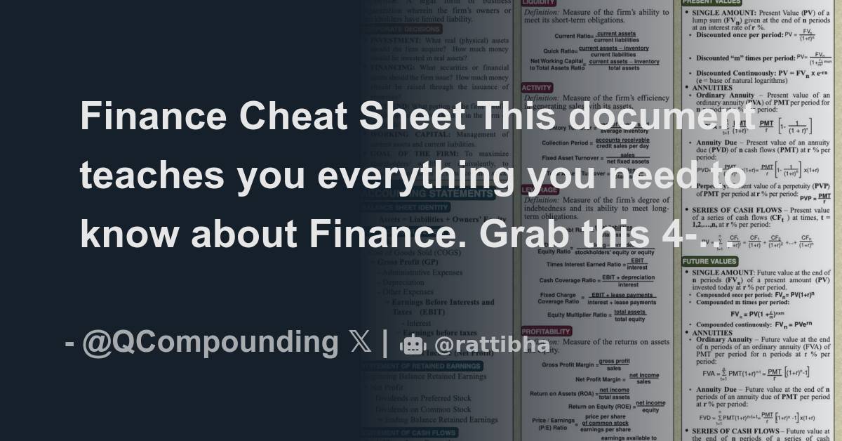 Finance Cheat Sheet This document teaches you everything you need to know about Finance. Grab ...
