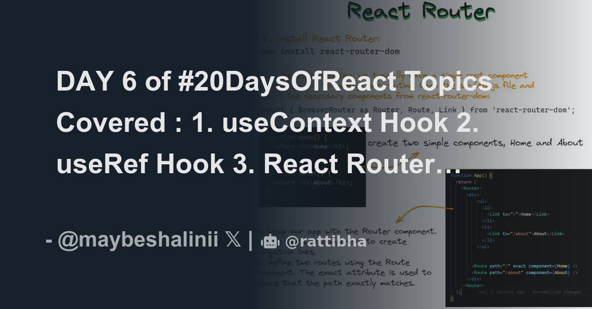 DAY 6 of #20DaysOfReact Topics Covered : 1. useContext Hook 2. useRef Hook 3. React Router ...
