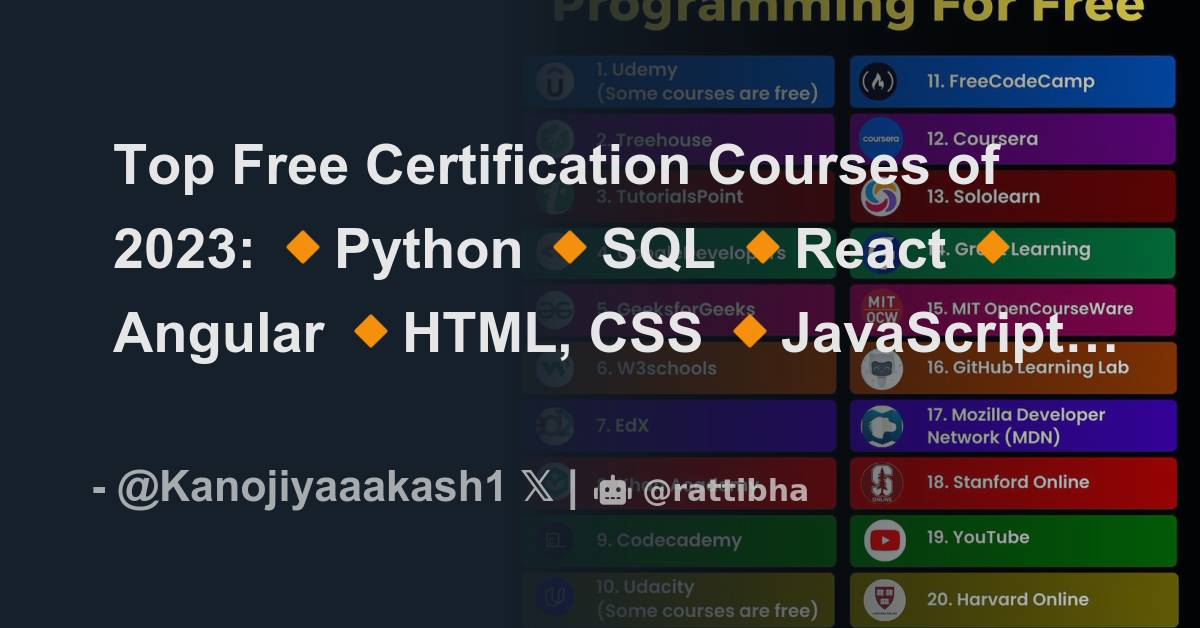 Top Free Certification Courses of 2023: 🔸Python https://t.co/1yynXUW1eG 🔸SQL https://t.co ...