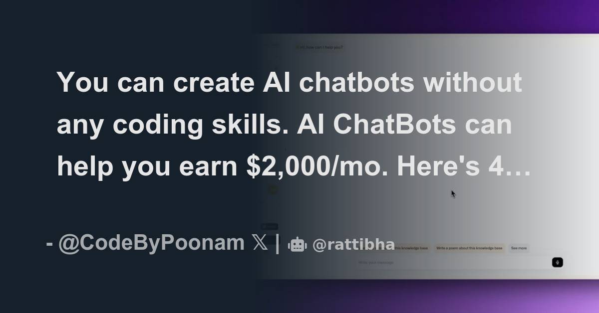 You can create AI chatbots without any coding skills. AI ChatBots can help you earn $2,000/mo ...