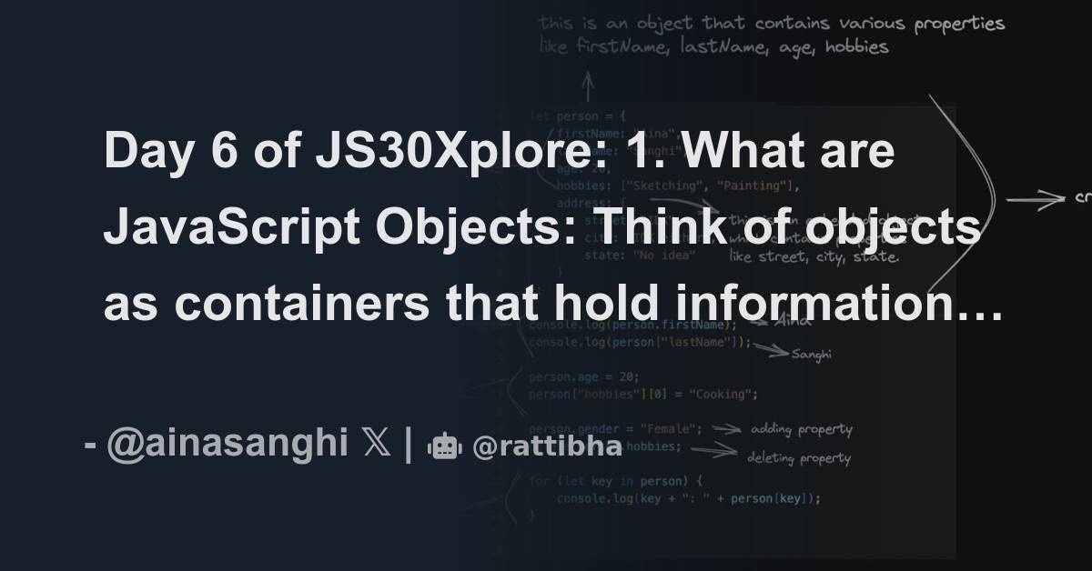 Day 6 of JS30Xplore: 1. What are JavaScript Objects: Think of objects as containers that hold ...