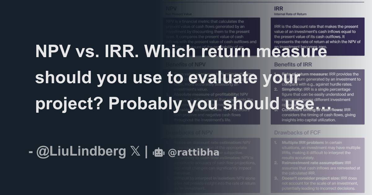 NPV vs. IRR. Which return measure should you use to evaluate your project? Probably you should ...
