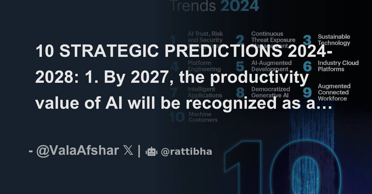 10 STRATEGIC PREDICTIONS 2024-2028: 1. By 2027, the productivity value of AI will be recognized ...
