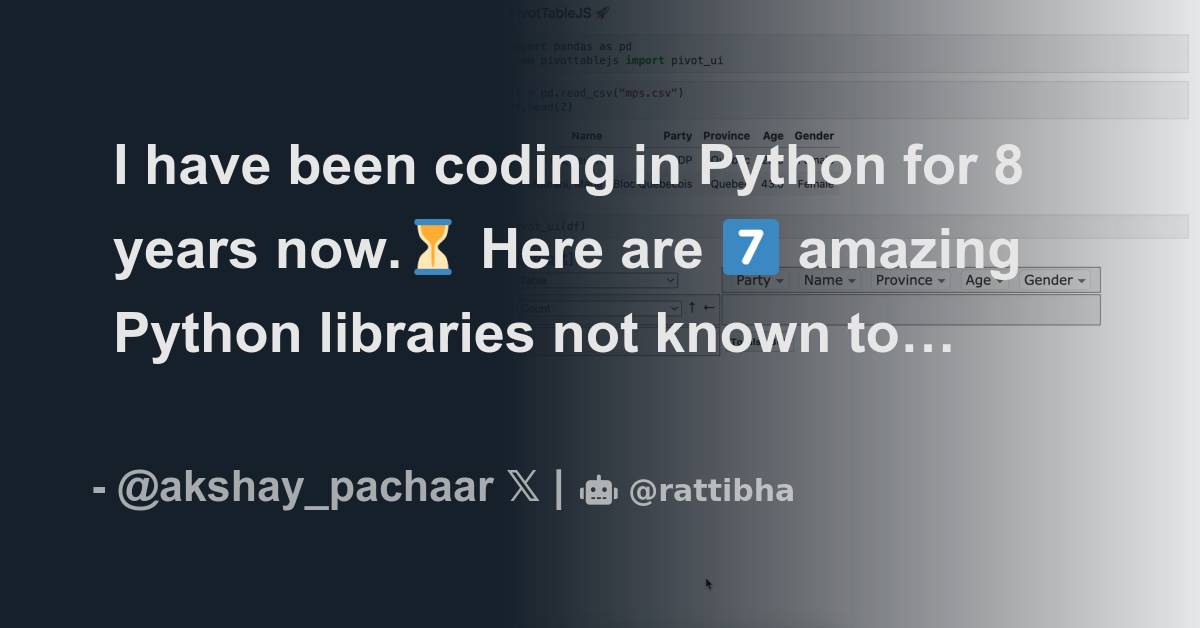 I have been coding in Python for 8 years now.⏳ Here are 7️⃣ amazing Python libraries not known ...