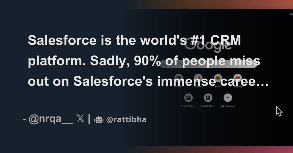 Salesforce is the world's #1 CRM platform. Sadly, 90% of people miss out on Salesforce's immense ...