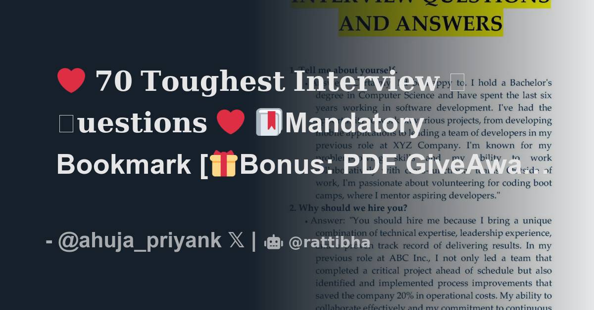 ️ 𝟕𝟎 𝐓𝐨𝐮𝐠𝐡𝐞𝐬𝐭 𝐈𝐧𝐭𝐞𝐫𝐯𝐢𝐞𝐰 𝐐𝐮𝐞𝐬𝐭𝐢𝐨𝐧𝐬 ️ 🔖Mandatory Bookmark [🎁Bonus: PDF GiveAway for First 600 ...