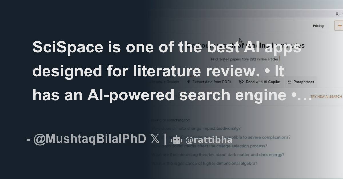SciSpace is one of the best AI apps designed for literature review. • It has an AI-powered ...