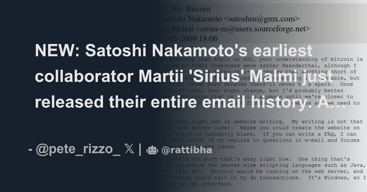 NEW: Satoshi Nakamoto's earliest collaborator Martii 'Sirius' Malmi ...