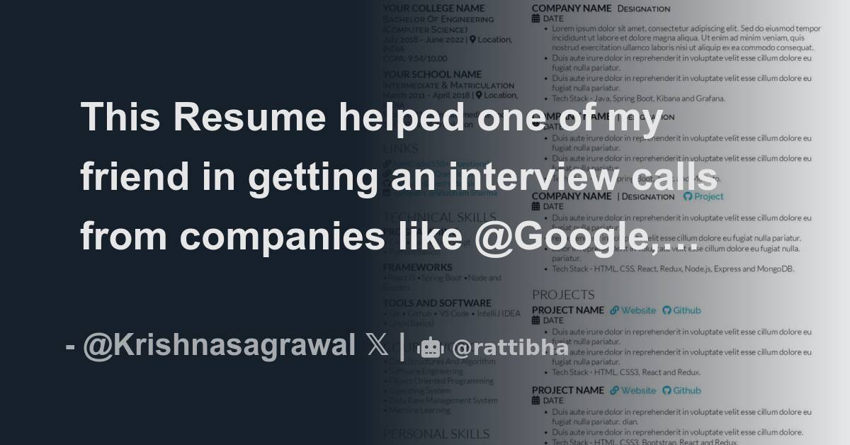 This Resume helped one of my friend in getting an interview calls from companies like @Google ...