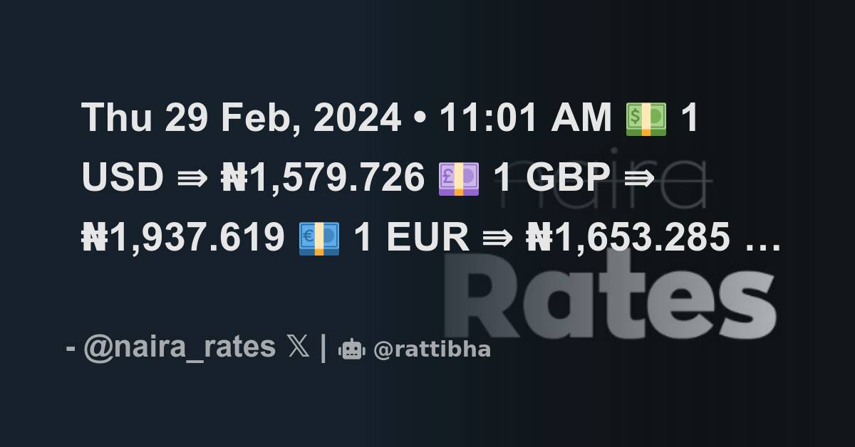 Thu 29 Feb, 2024 • 11:01 AM 💵 1 USD ⇛ ₦1,579.726 💷 1 GBP ⇛ ₦1,937.619 💶 1 EUR ⇛ ₦1,653.285 💶 1 ...