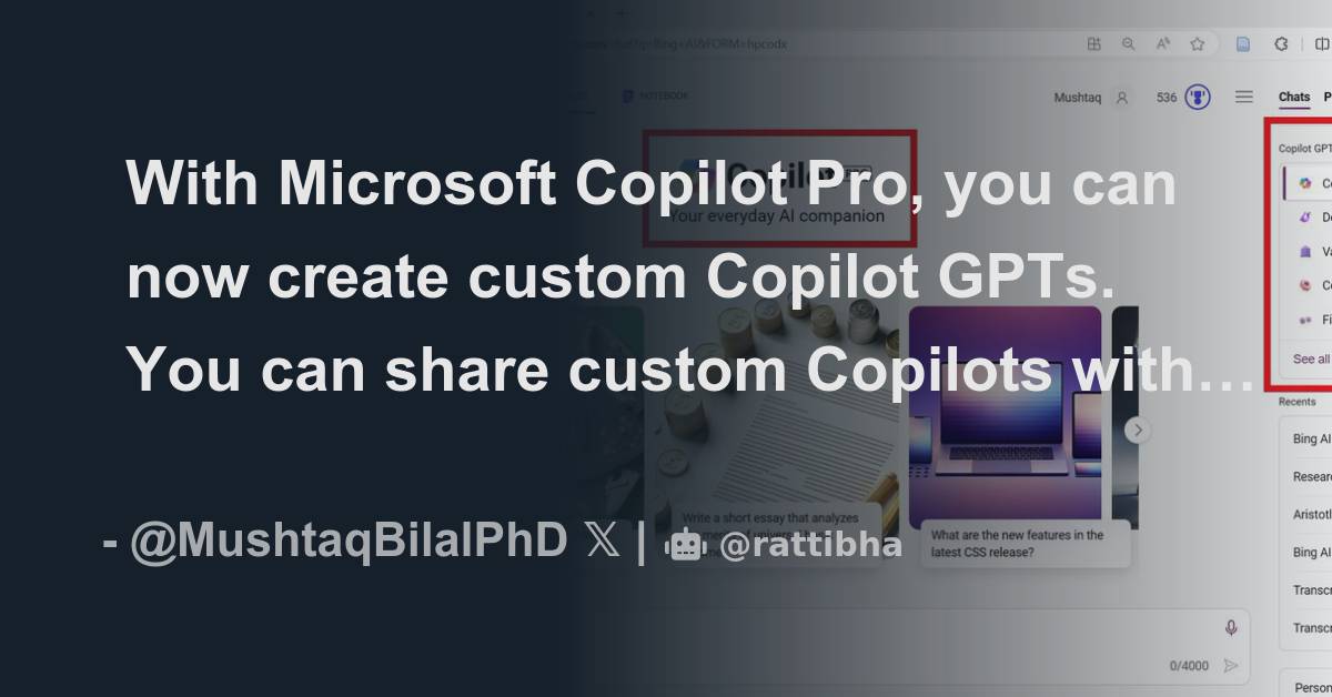 With Microsoft Copilot Pro, you can now create custom Copilot GPTs. You can share custom ...