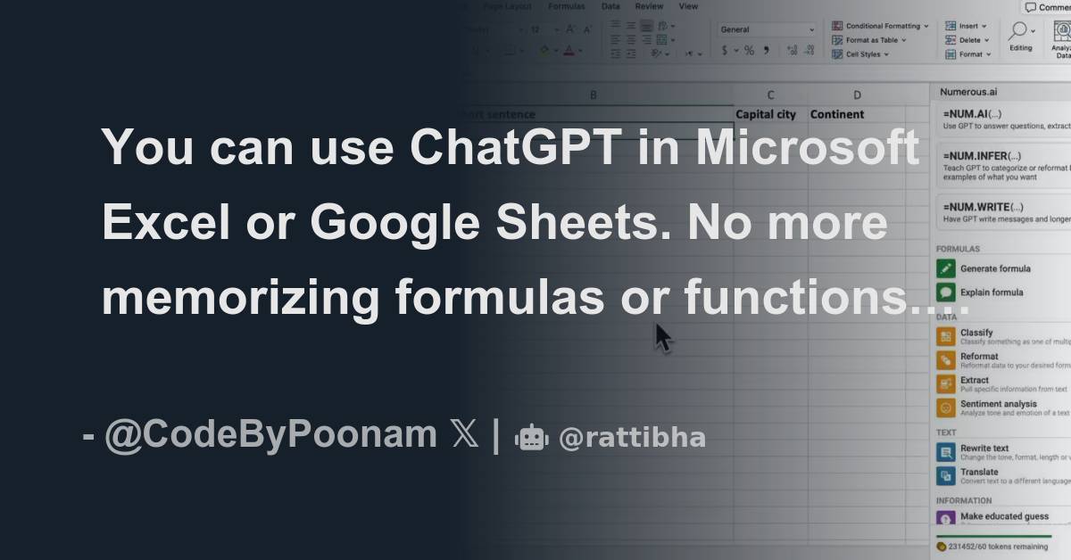 You can use ChatGPT in Microsoft Excel or Google Sheets. No more memorizing formulas or ...