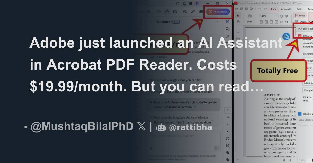 Adobe just launched an AI Assistant in Acrobat PDF Reader. Costs $19.99 ...