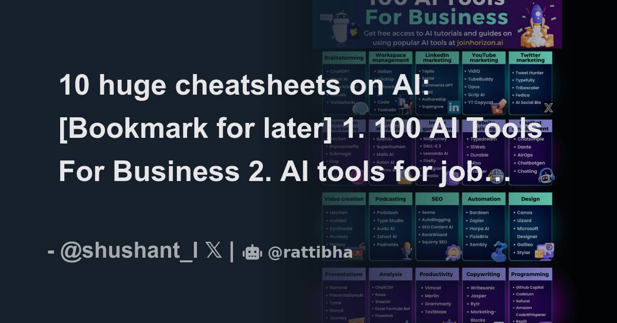 10 huge cheatsheets on AI: [Bookmark for later] 1. 100 AI Tools For Business - Thread from ...