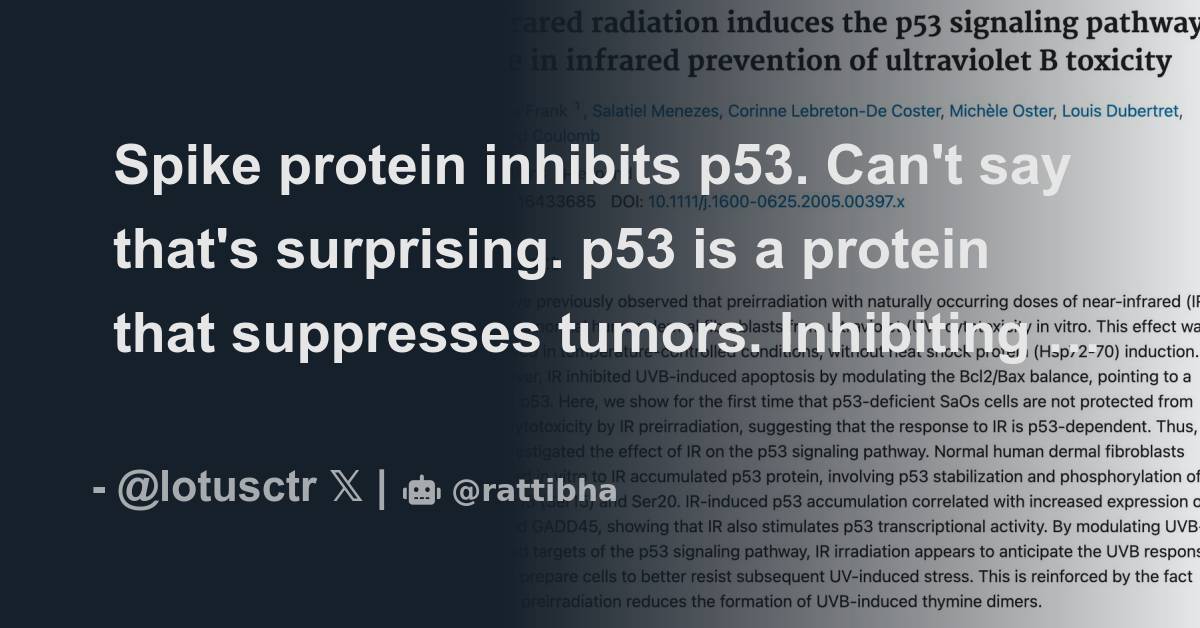Spike protein inhibits p53. Can't say that's surprising. p53 is a protein that suppresses tumors ...