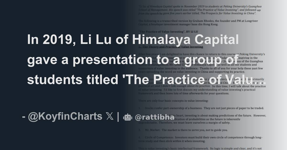 In 2019, Li Lu of Himalaya Capital gave a presentation to a group of ...