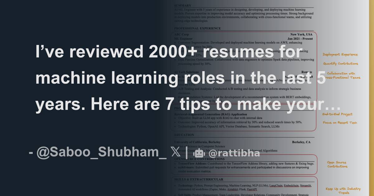 I’ve reviewed 2000+ resumes for machine learning roles in the last 5 years. Here are 7 tips to ...