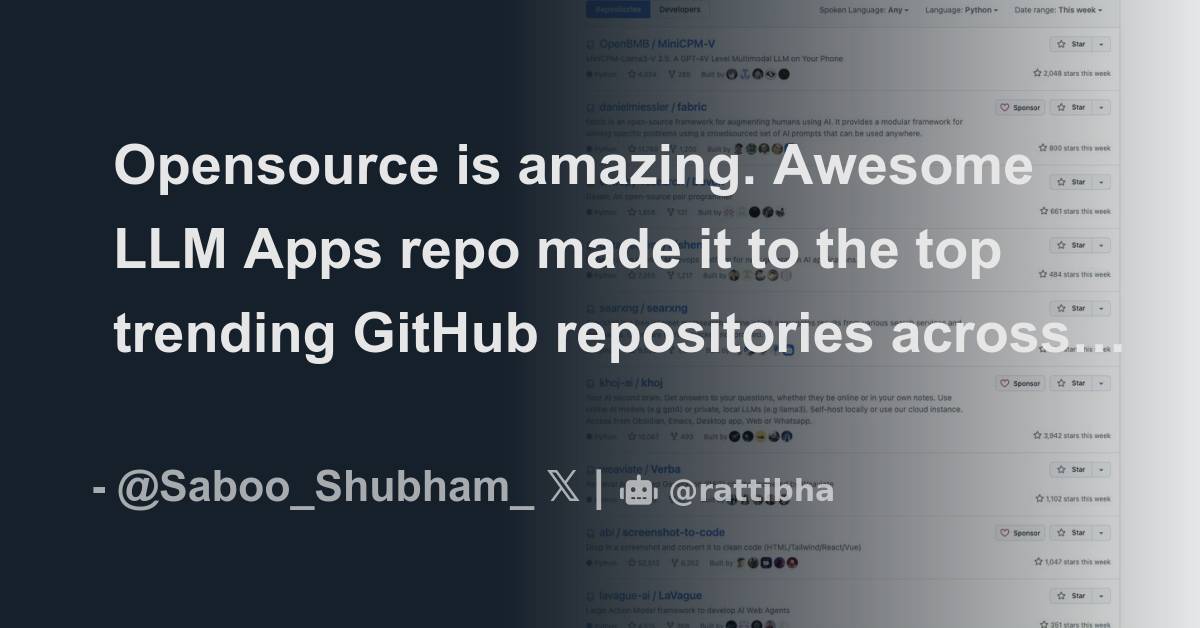 Opensource is amazing. Awesome LLM Apps repo made it to the top trending GitHub repositories ...