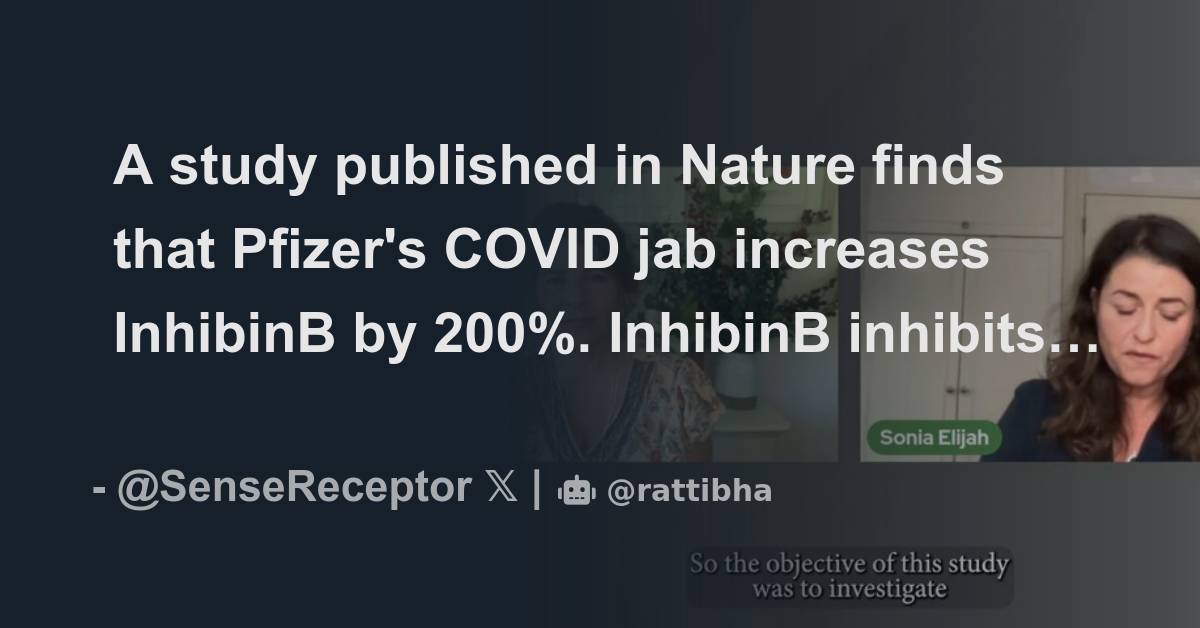 A study published in Nature finds that Pfizer's COVID jab increases InhibinB by 200%. InhibinB ...