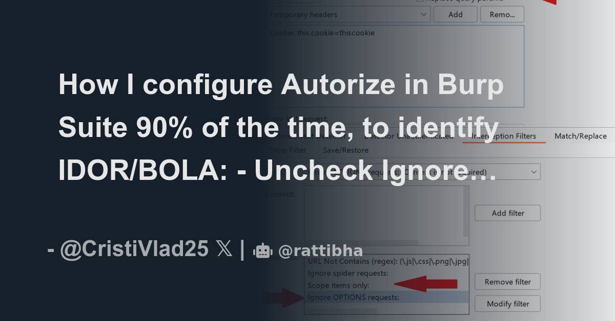 How I configure Autorize in Burp Suite 90% of the time, to identify IDOR/BOLA: - Uncheck Ignore ...