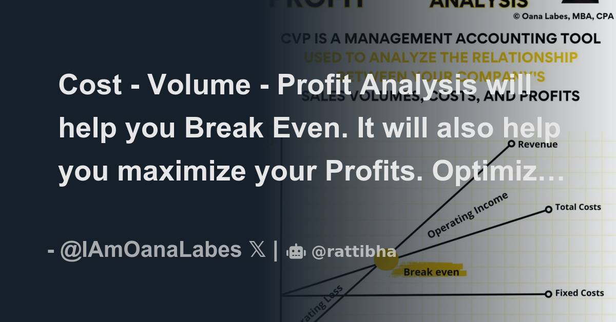 Cost - Volume - Profit Analysis will help you Break Even. It will also help you maximize your ...