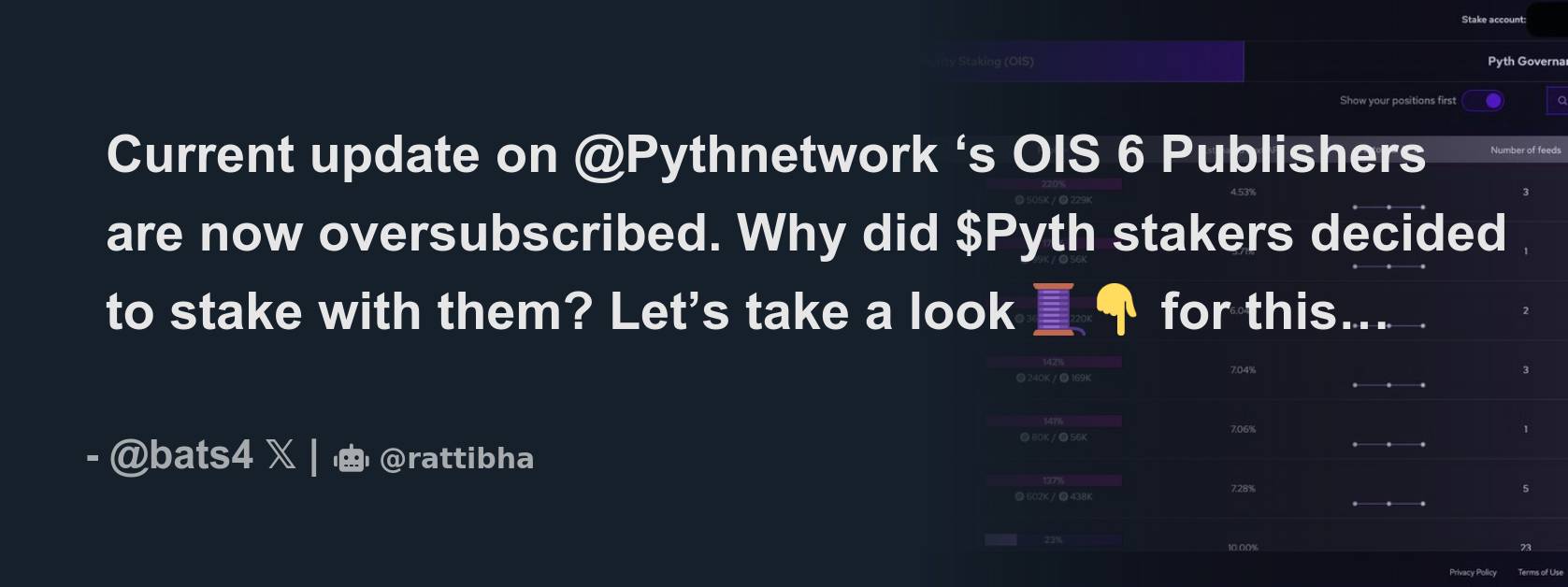 Current update on @Pythnetwork ‘s OIS 6 Publishers are now oversubscribed. Why did $Pyth stakers ...