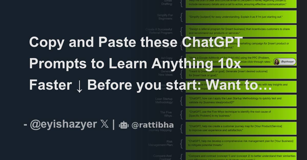 Copy and Paste these ChatGPT Prompts to Learn Anything 10x Faster ↓ - Thread from Eyisha Zyer ...